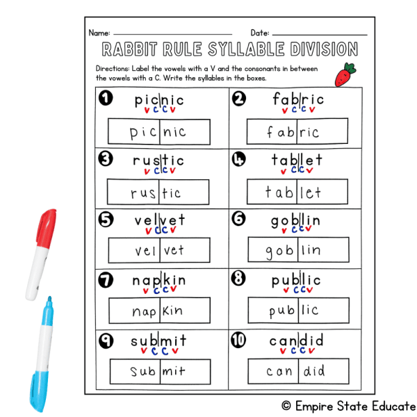 Free Rabbit Rule Words for Teaching VCCV Syllable Division - Empire ...